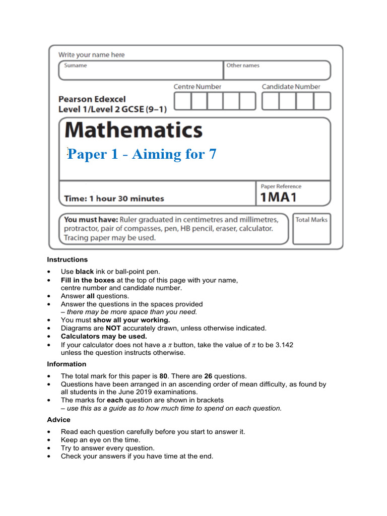 Aiming For 7 (Set 1) Practice Paper 1 Calc | PDF | Area | Mathematics