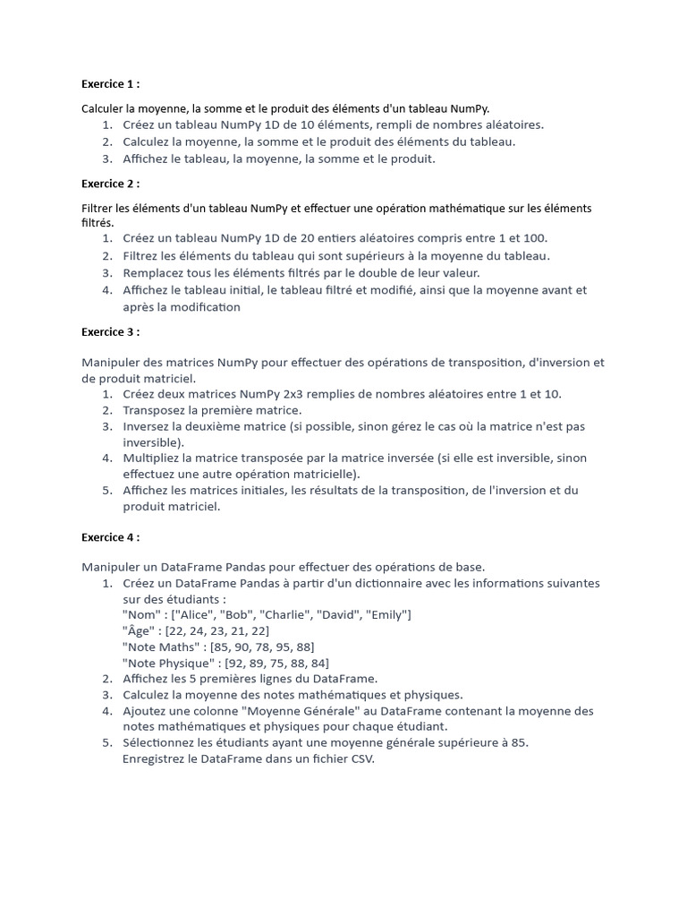 Exercices NumPy et Pandas en Python | PDF