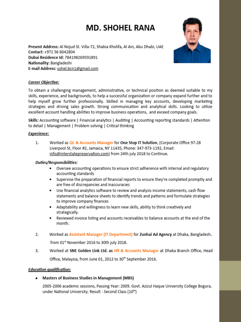 MD Shohel Rana CV Accounts New | PDF | Analytics | Accounting