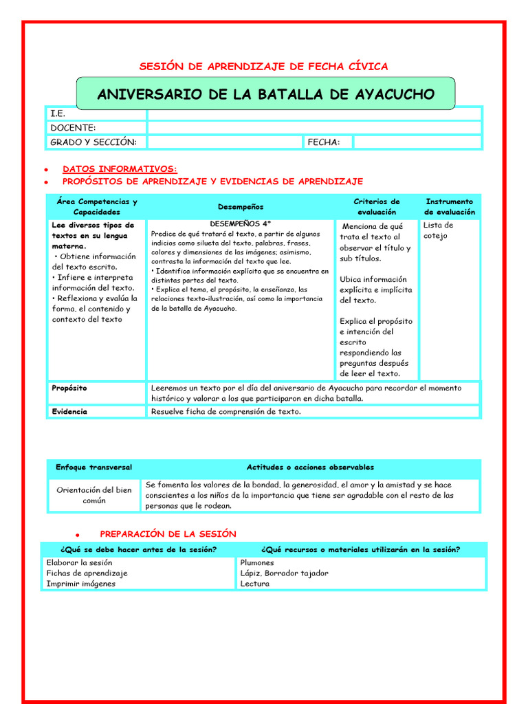 4° Ses - Plan Lec Vier 7 Batalla de Ayacucho | PDF | Evaluación | Aprendizaje