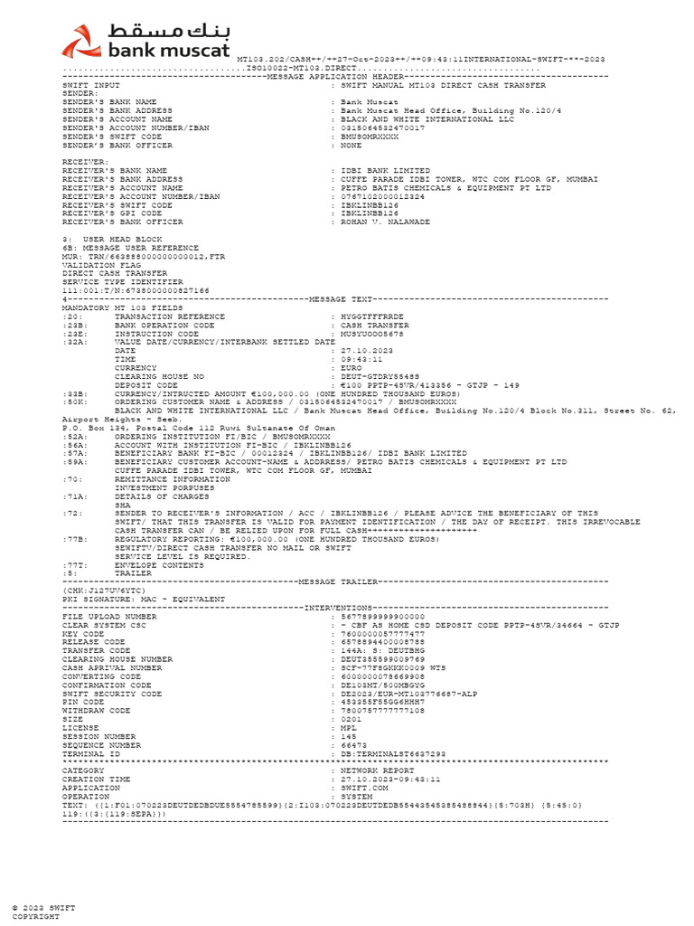 Mt103 Idbi Bank 100,000 Euro | PDF | Payments | Banking Technology