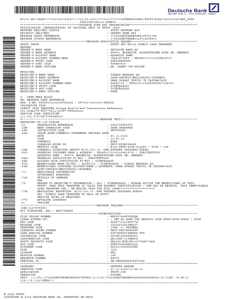 Mt103 Ziraatbankasi 100 E Euro Pdf Transmission Control Protocol Cash