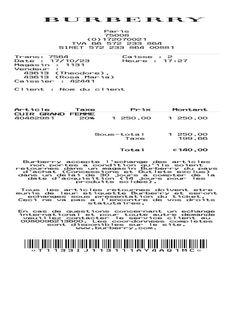 Facture d'achat Burberry Paris | PDF | Finance et gestion monétaire