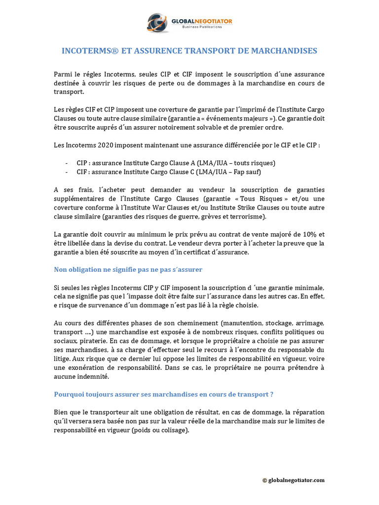 Incoterms Assurance Transport Marchandises | PDF