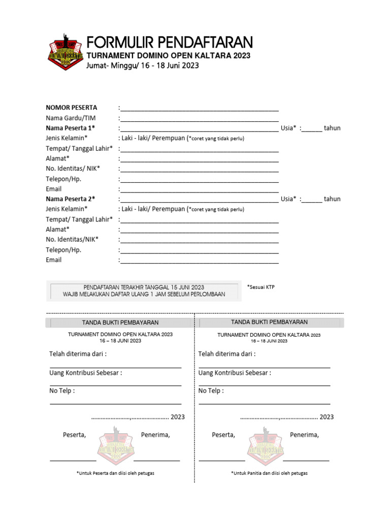 Formulir Pendaftaran Domino Open Kaltara 2023 | PDF