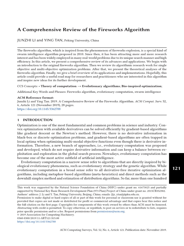 A Comprehensive Review of The Fireworks Algorithm: Junzhi Li and Ying Tan | PDF | Mathematical ...