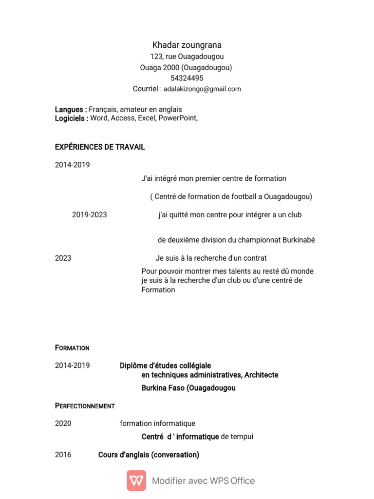 Modèle de CV Chronologique de Khadar | PDF