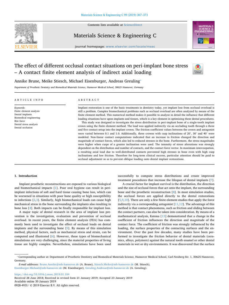 The Effect of Different Occlusal Contact Situations On Peri-Implant ...