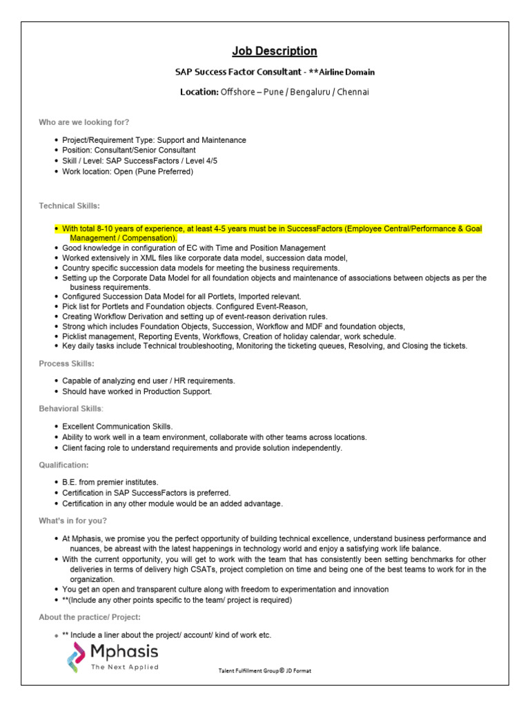 JD - SAP Success Factor Consultant - Offshore | PDF | Consultant | Business