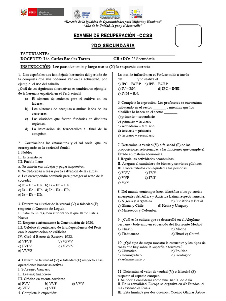 2do Examen de Recuperacion CCSS 2024 | PDF | Perú | Economias