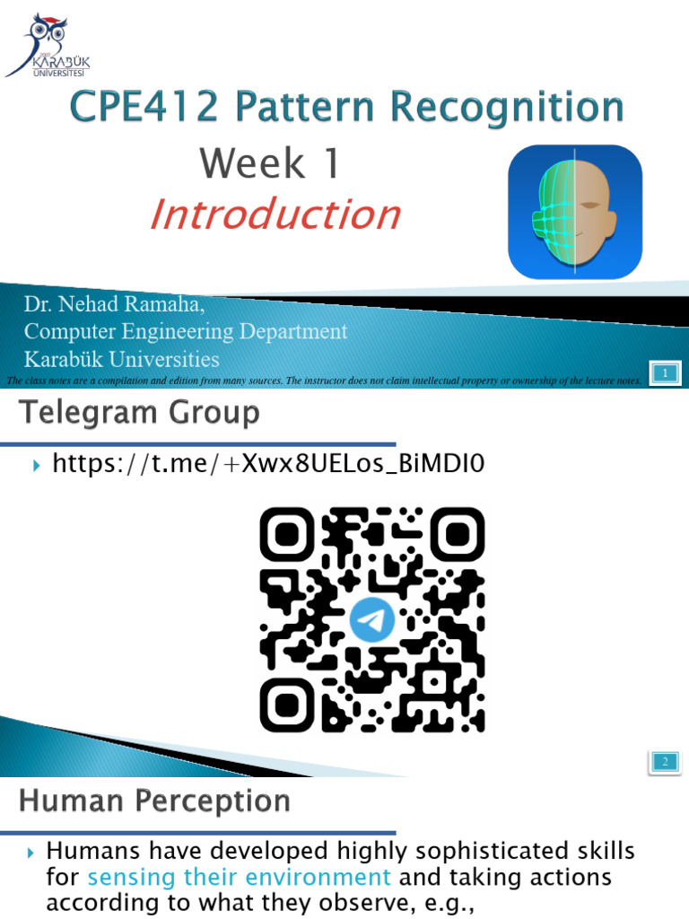 CPE412 Pattern Recognition (Week 1) | PDF | Pattern Recognition | Statistical Classification