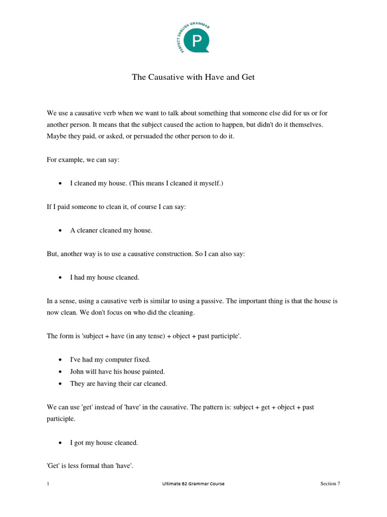Example B2 PDF - The Causative With Have and Get | PDF | Verb | Linguistics Example B2 PDF - The Causative With Have and Get | PDF | Verb | Linguistics