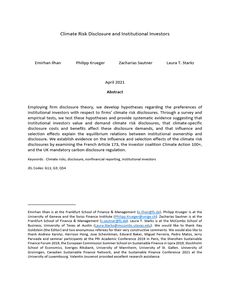 Climate Risk Disclosure and Institutional Investors | PDF | Survey ...