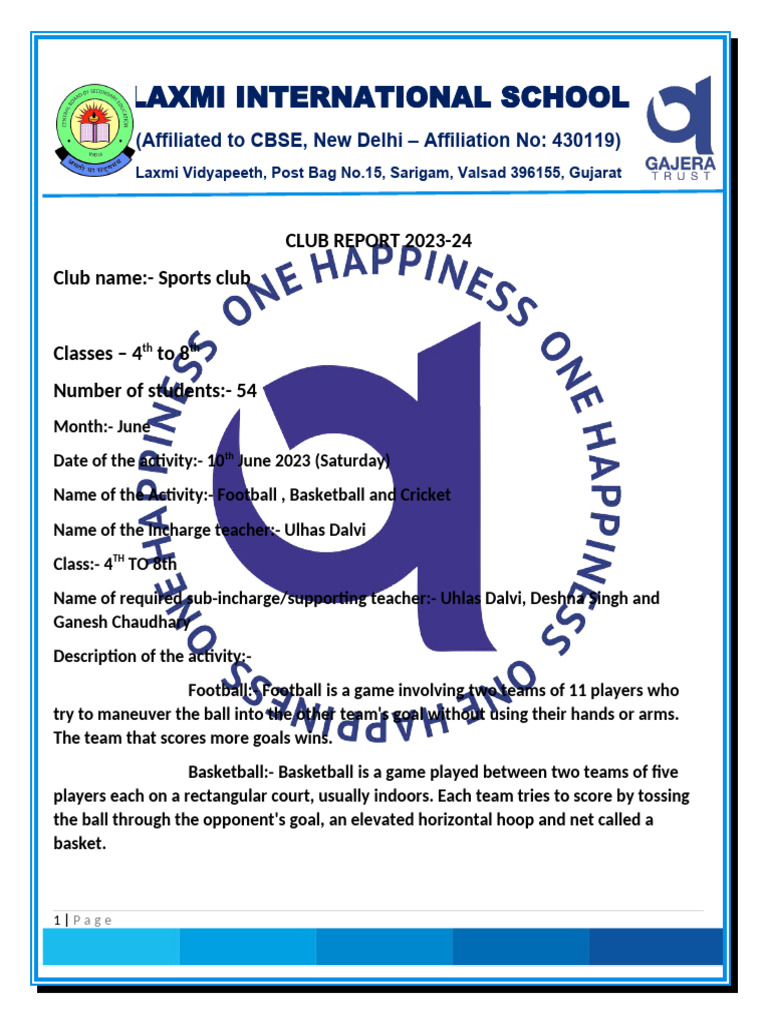 Laxmi International School Sports Club Report | PDF