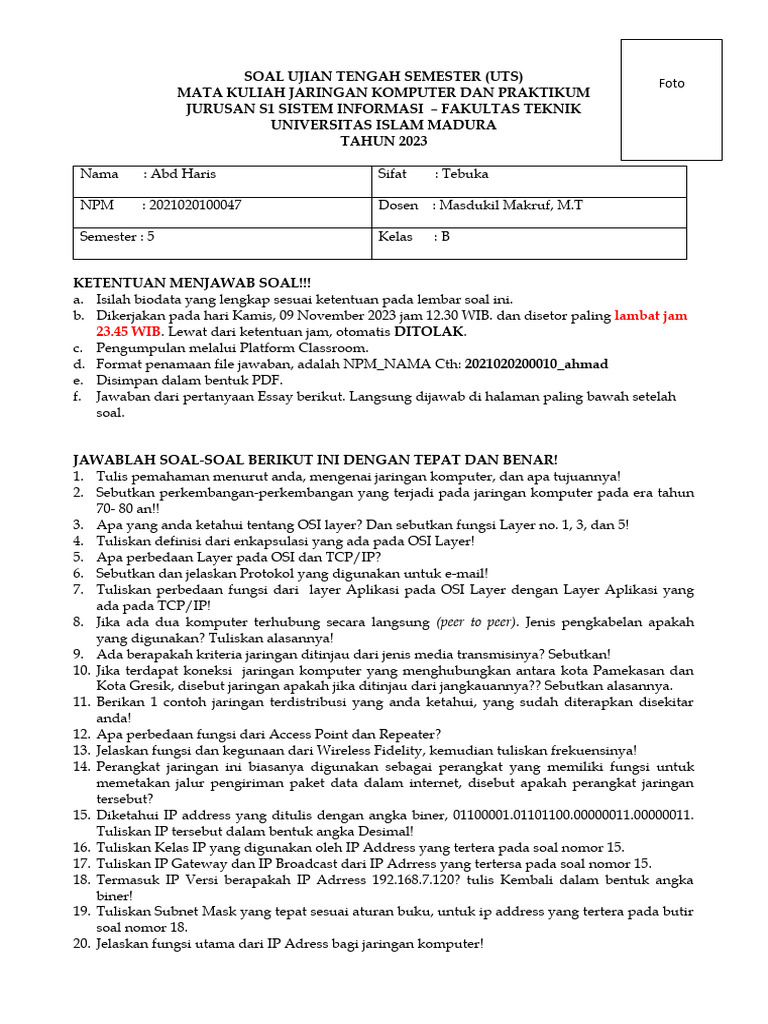 Jawaban Uts Jarkom Haris 2023 | PDF | Teknologi & Rekayasa