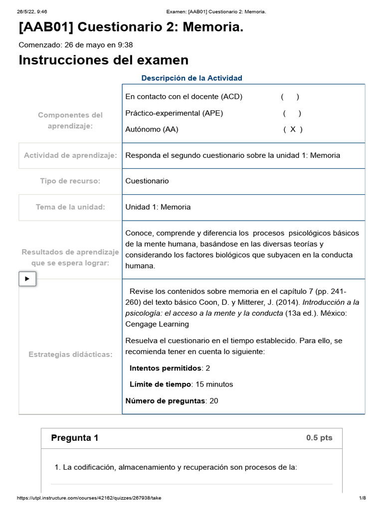 Examen - (AAB01) Cuestionario 2 - Memoria | PDF | Memoria | Recuperar (memoria)