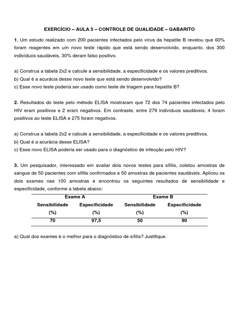 AULA 5 - Exercicios - Controle de Qualidade - Com Gabarito | PDF ...