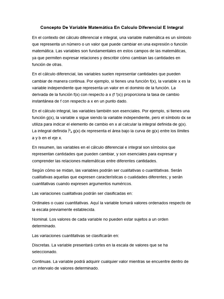 Concepto de Variable Matemática en Calculo Diferencial E Integral | PDF ...