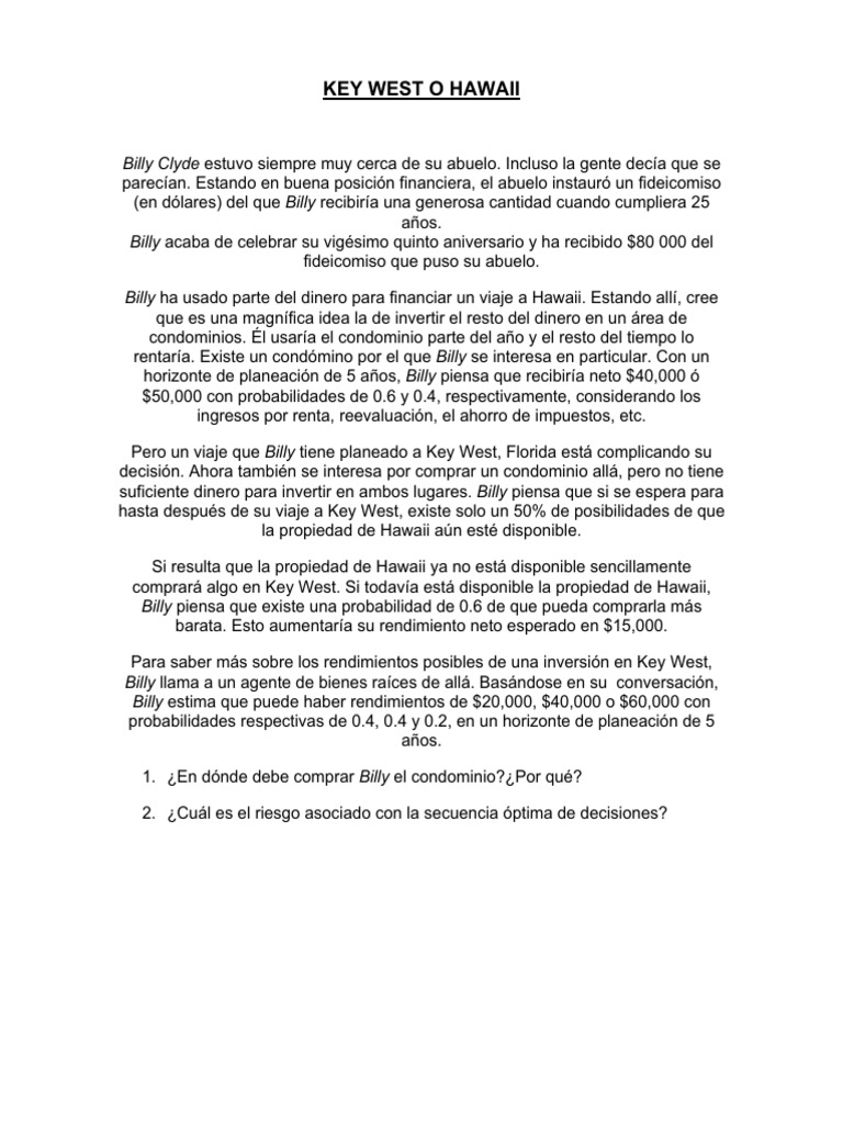 Decisión de Inversión: Key West vs. Hawaii | PDF
