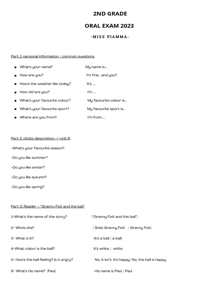 2ND GRADE Oral Exam | PDF