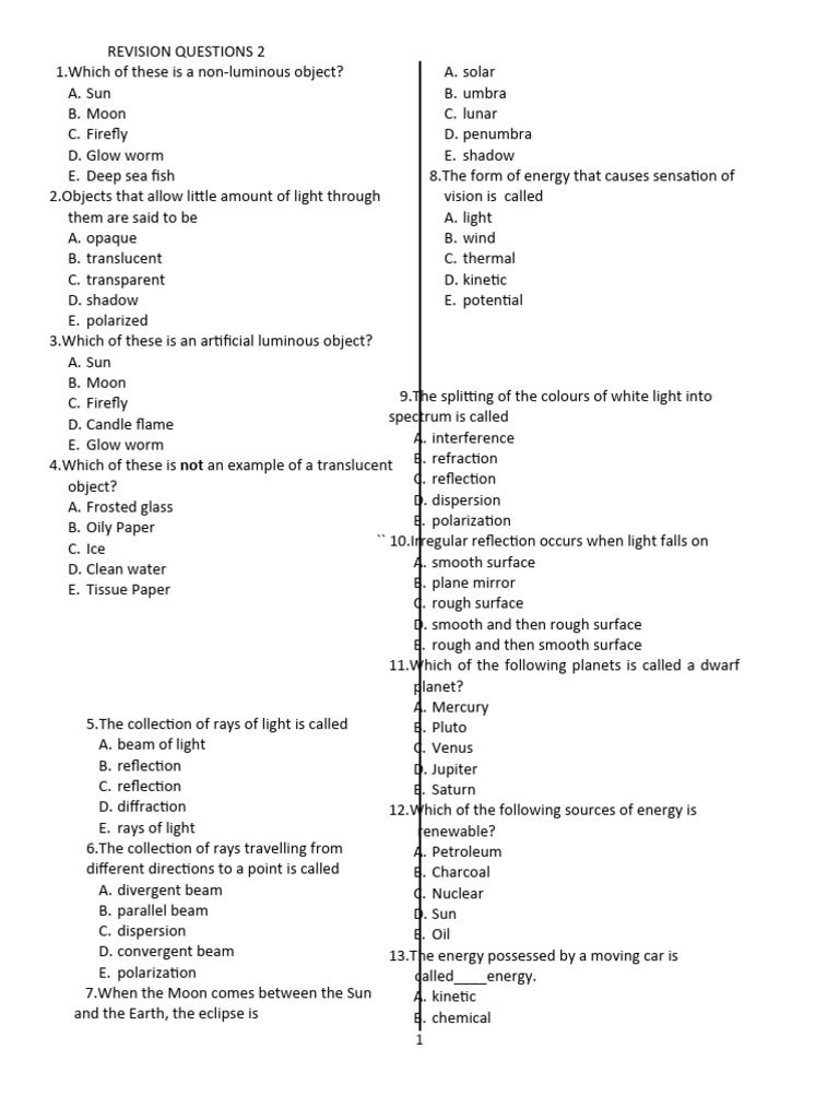 Physics Year 8 First Term Examination Revision Questions 2 | PDF | Light | Planets