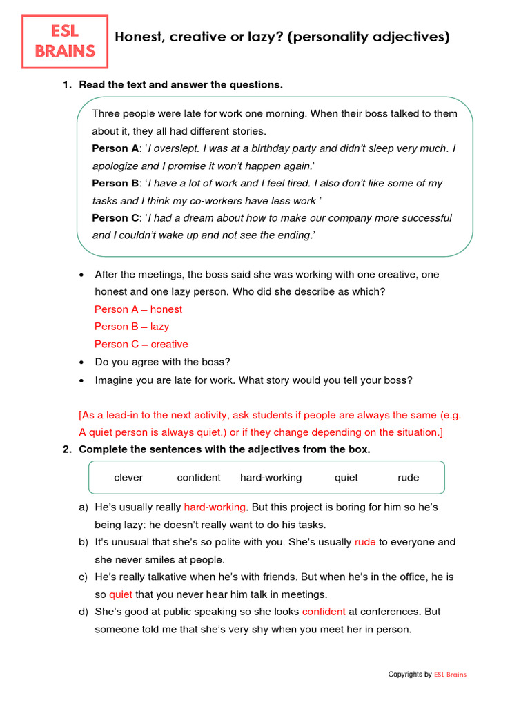 ESL Brains Honest Creative or Lazy Personality Adjectives TV 4508 | PDF ...