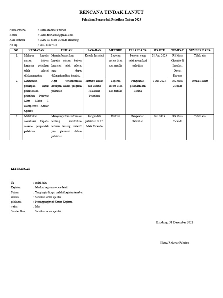 Contoh Rencana Tindak Lanjut | PDF