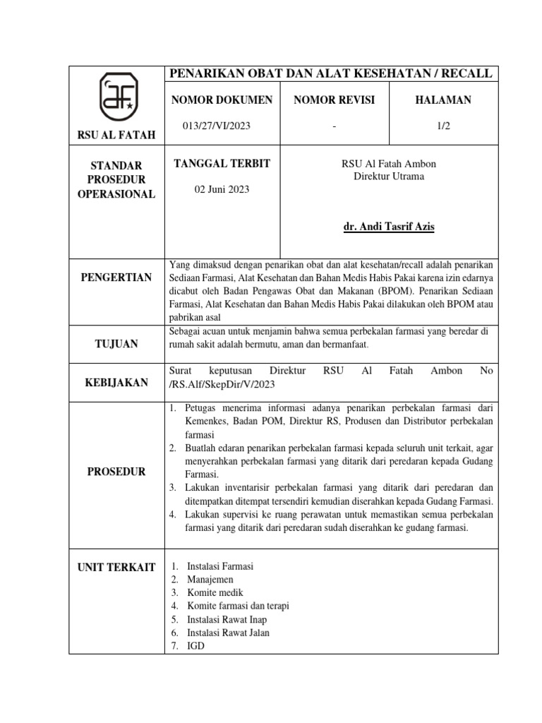 Sop Recall Obat | PDF