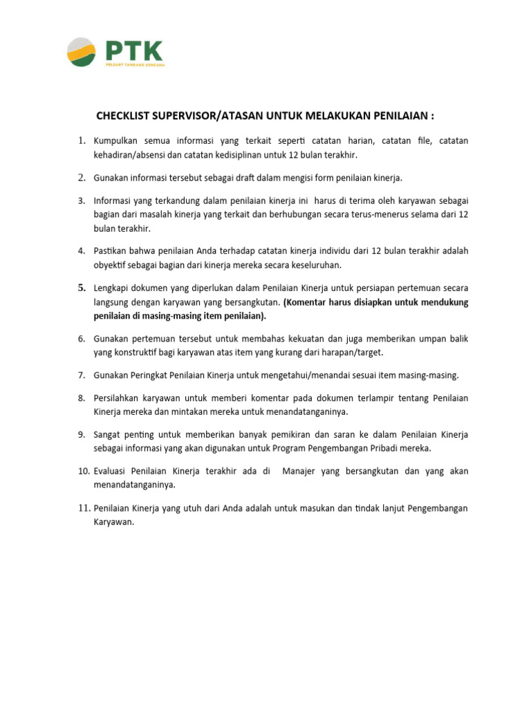 Checklist Penilaian Kinerja Karyawan | PDF