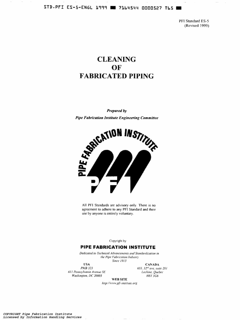 PFI ES-5 1999 Cleaning of Fabricated Piping | PDF | Pipe (Fluid Conveyance) | Stainless Steel