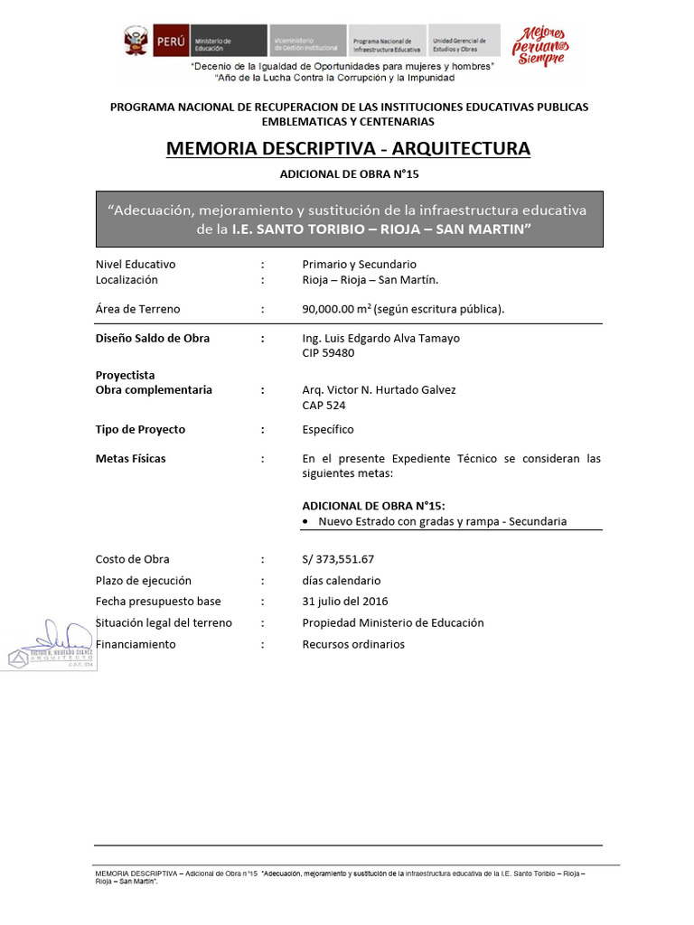 Memoria Descriptiva Sto Toribio 2020 | PDF | Hormigón