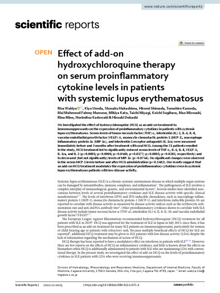 Effect of Add-On Hydroxychloroquine Therapy On Serum Proinflammatory ...