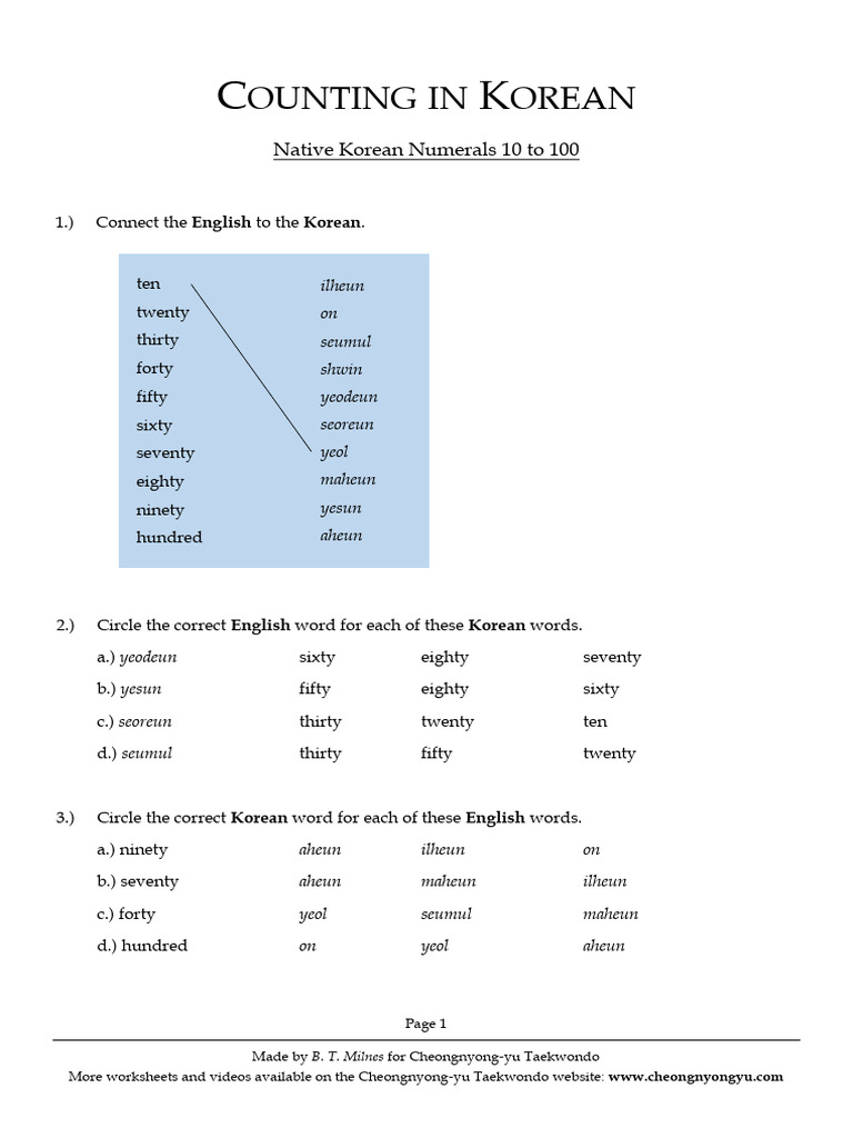 Counting in Korean Part 2 Native Korean Numerals 10 To 100 | PDF