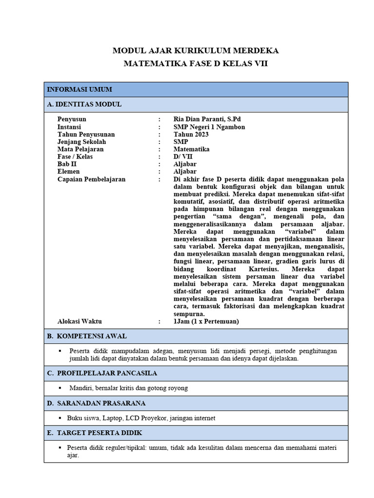 Modul Ajar Bentuk Aljabar | PDF