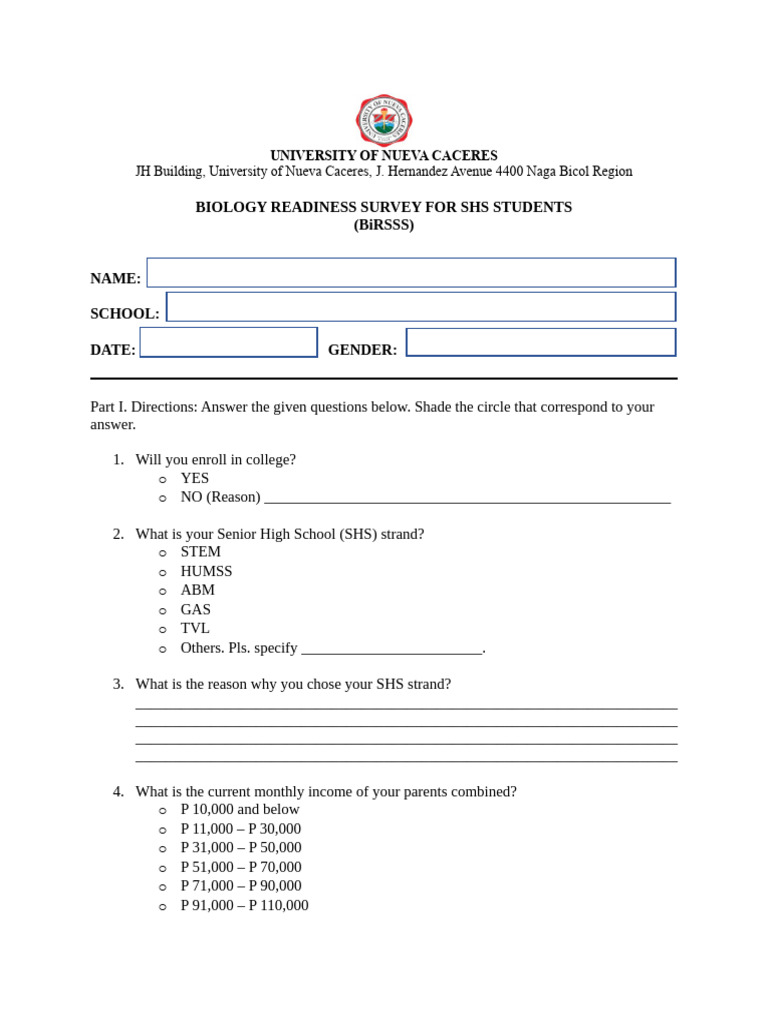 Biology Readiness Survey for SHS Students | PDF | Self-Improvement ...