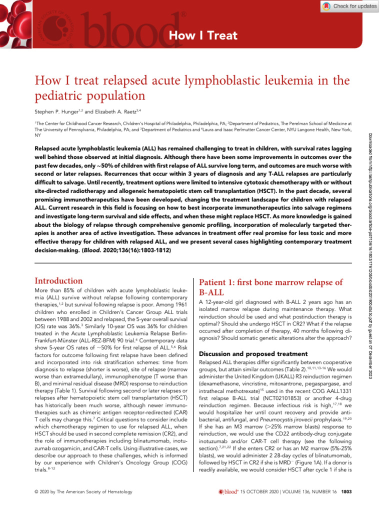 How I Treat Relapsed Acute Lymphoblastic Leukemia In The Pediatric