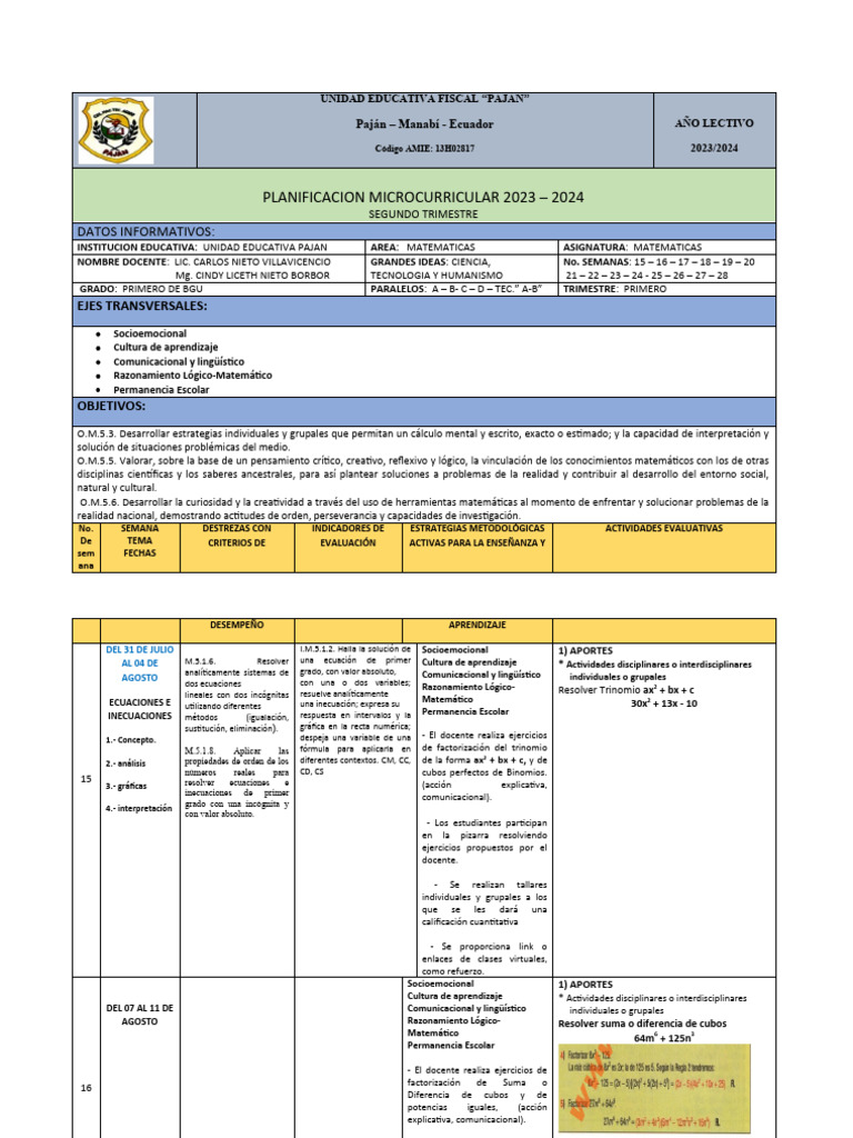 Planificacion Microcurricular 2023 Carlos | PDF | Ecuaciones | Aprendizaje Planificacion Microcurricular 2023 Carlos | PDF | Ecuaciones | Aprendizaje