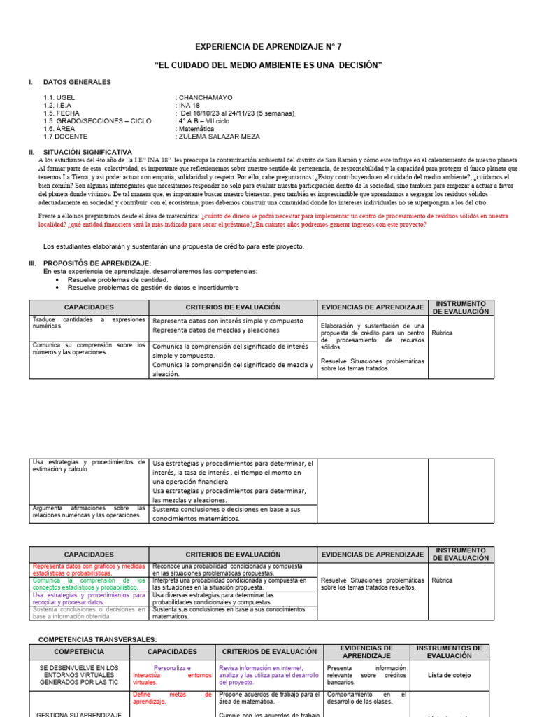 Unidad de Aprendizaje N°7 | Descargar gratis PDF | Evaluación | Aprendizaje