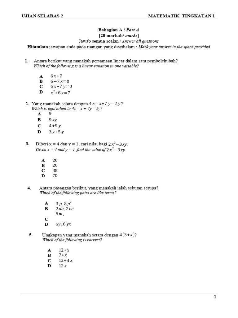 Matematik Ting 1 Ujian Setara - 2022 Rep | PDF