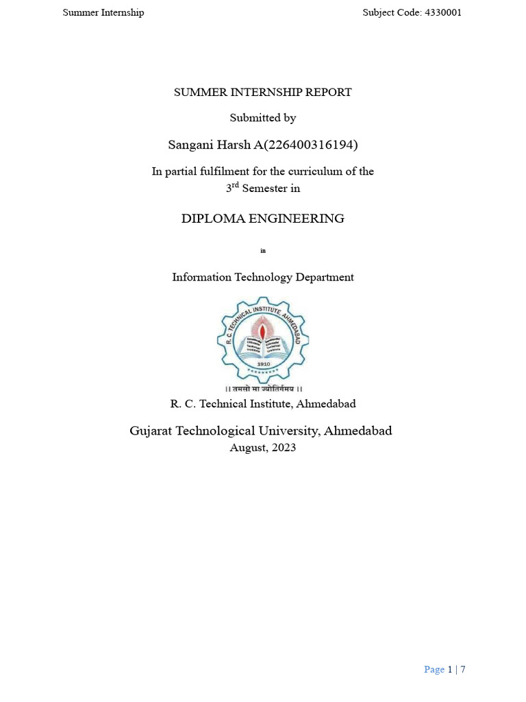 Summer Internship Report - IT Diploma | PDF | Internship | Job Hunting