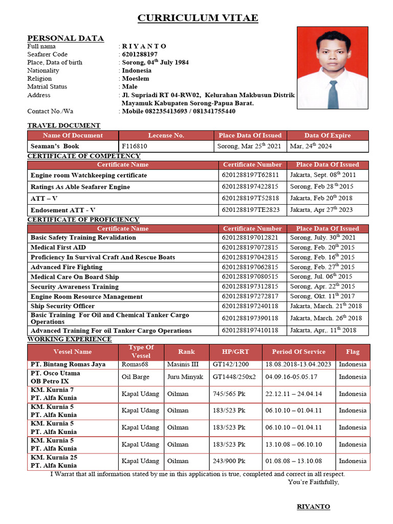 Curriculum Vitae Riyanto | PDF | Watercraft | Freight Transport