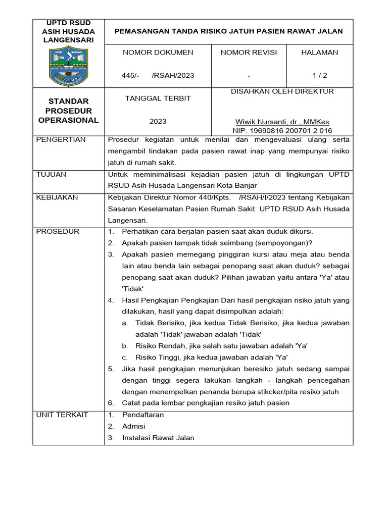 PEMASANGAN TANDA RISIKO JATUH Rawat Jalan. Fix | PDF