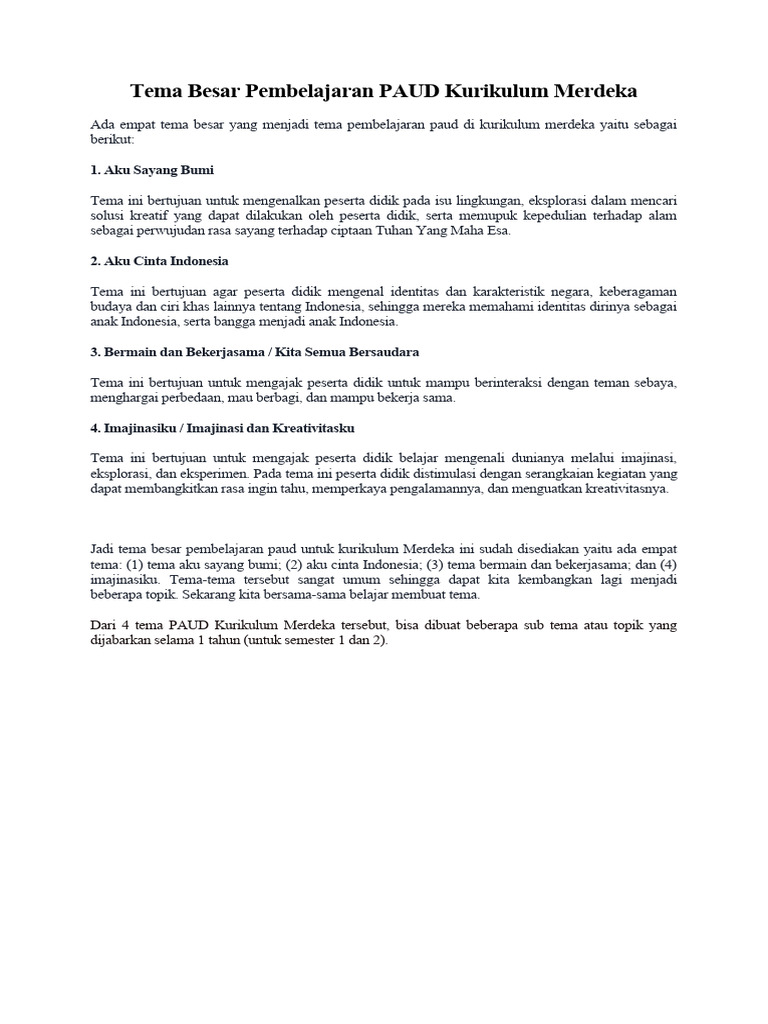 Tema Besar Pembelajaran PAUD Kurikulum Merdeka | PDF