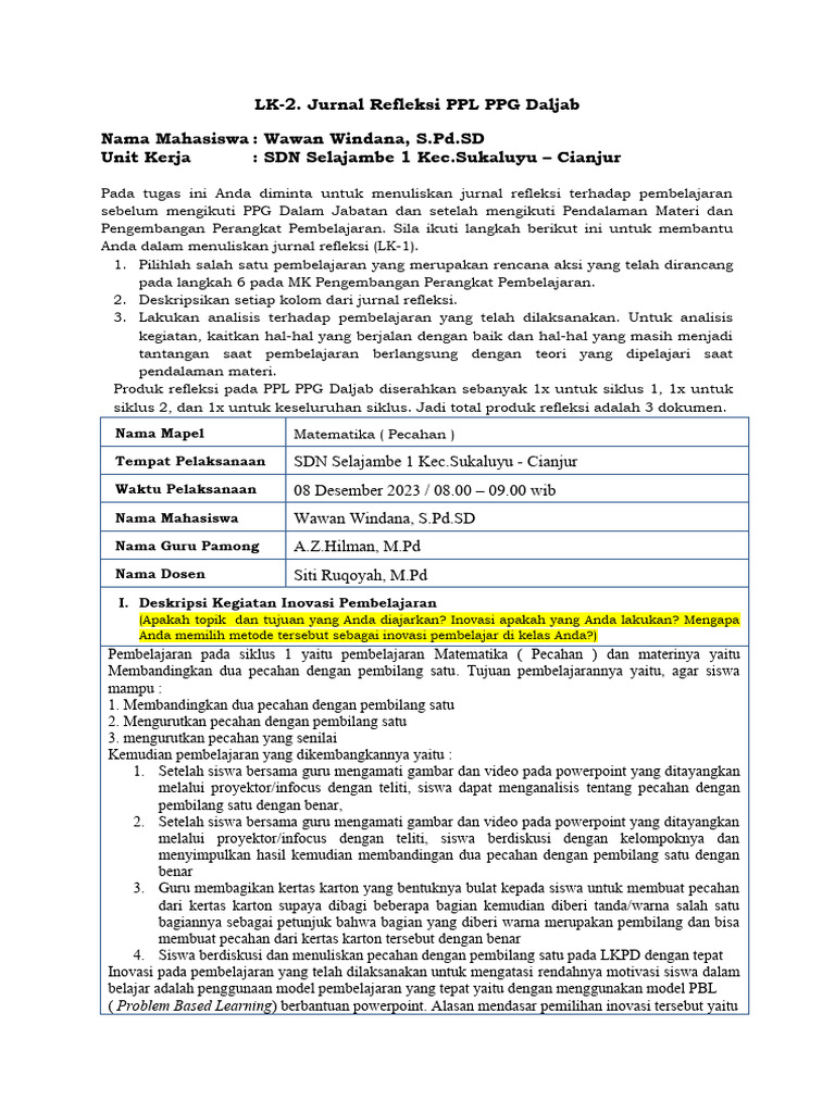 Contoh LK 2 PPL - Produk Bahan Refleksi | PDF