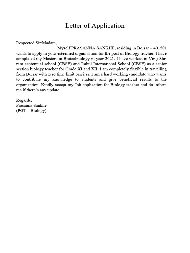 Biology Teacher Job Application Letter | PDF | Wellness