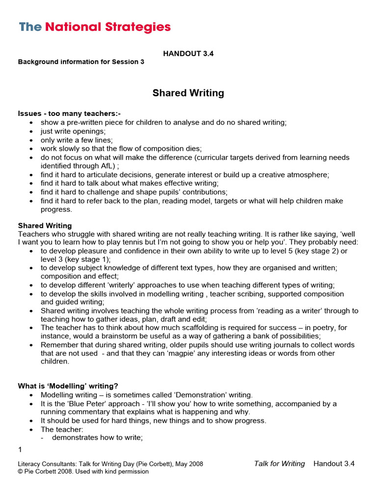 HO 3 - 4 Shared Writing | PDF | Teachers | Cognitive Science