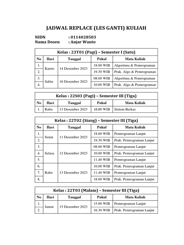 Jadwal Replace Desember 2023 | PDF