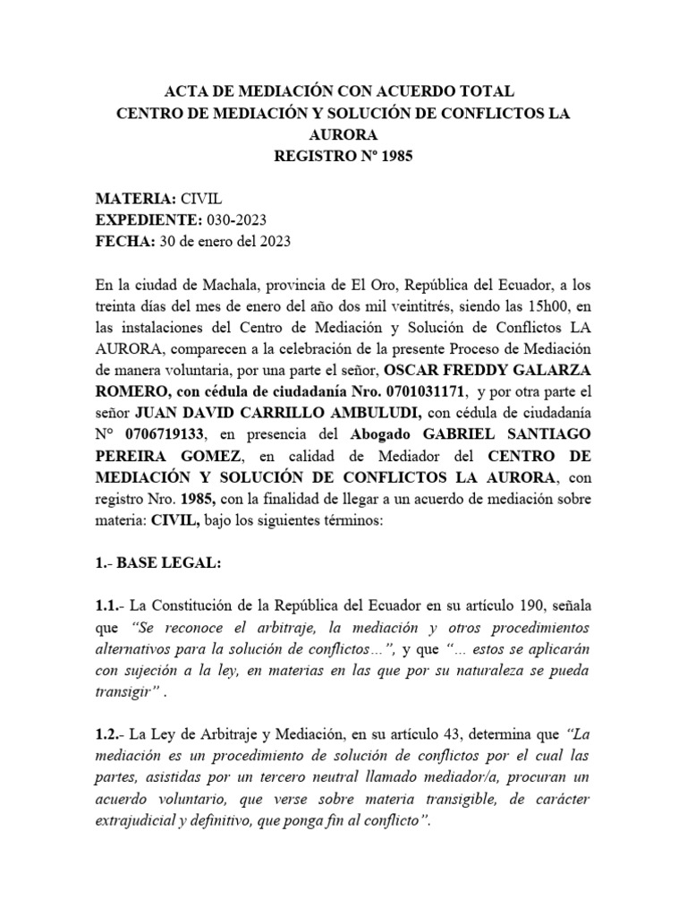 Acta Mediacion Civil - Gabriel Santiago Pereira Gòmez | PDF | Mediación ...