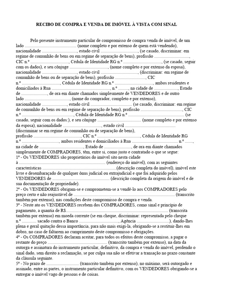Recibo de Compra e Venda de Imóvel À Vista Com Sinal | PDF