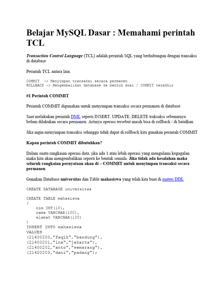 Panduan Dasar Perintah TCL MySQL | PDF